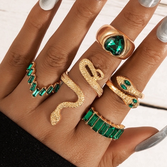 Jewelry | Gold Emerald Green Snake Ring Set | Poshmark